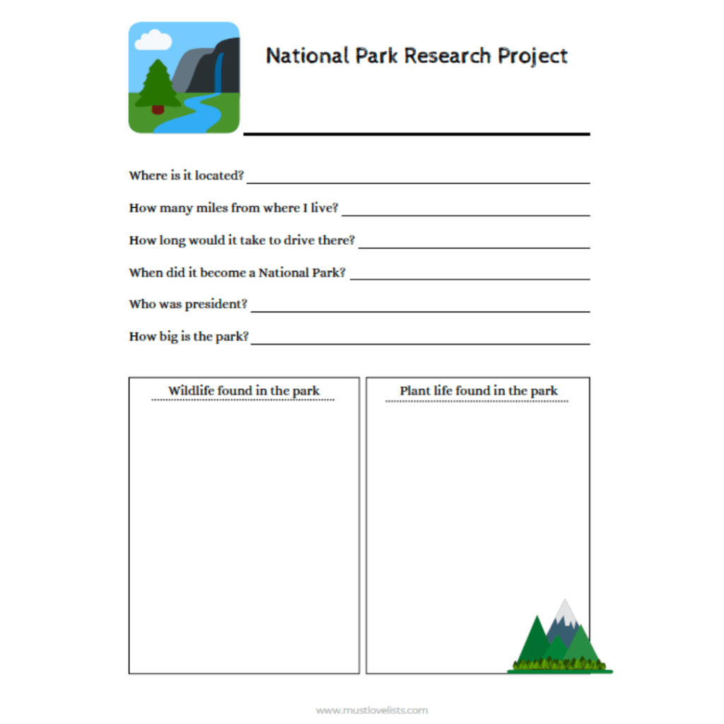 National Park Research Project Template | Teaching in the Home